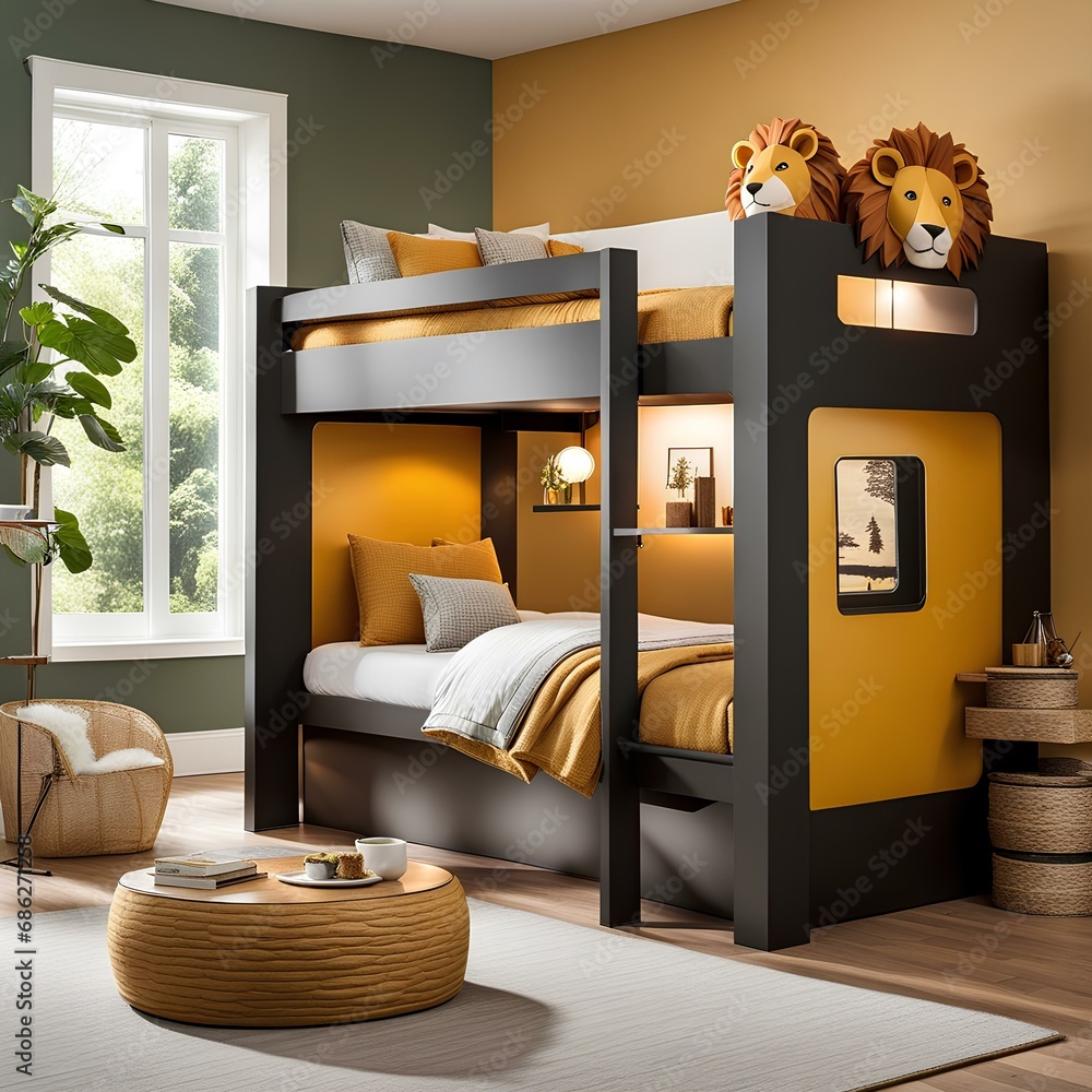 charming bedroom with a lion den shaped bunk bed frame made from soft ...