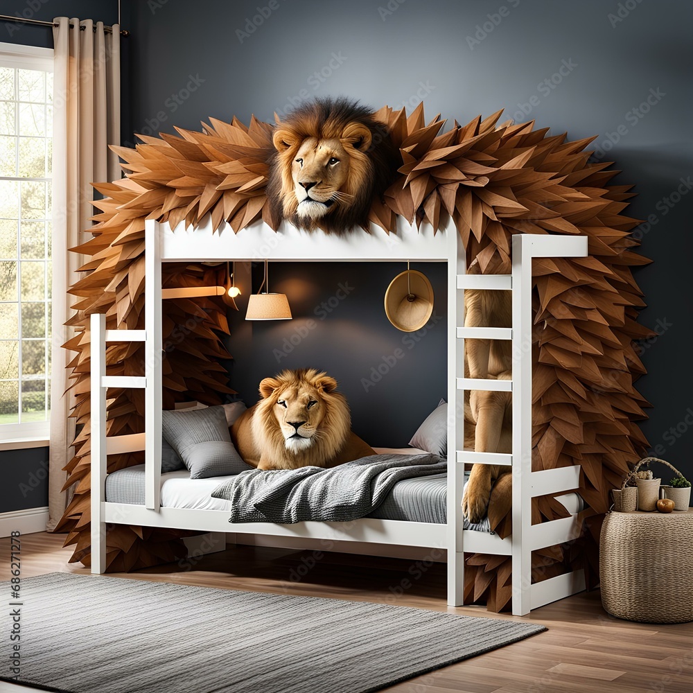 charming bedroom with a lion den shaped bunk bed frame made from soft ...