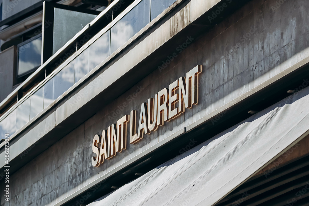 Cannes, France - August 3, 2023 : Sign board of the Saint Laurent ...