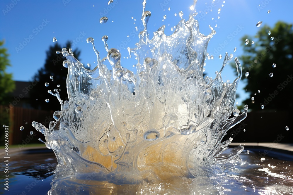 Sunlight illuminates a high-speed water splash, creating a crown of ...