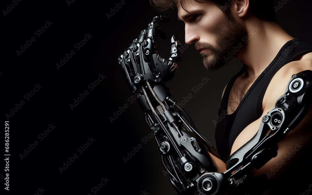 A man with a prosthetic arm an AI powered mechanical arm the concept of ...