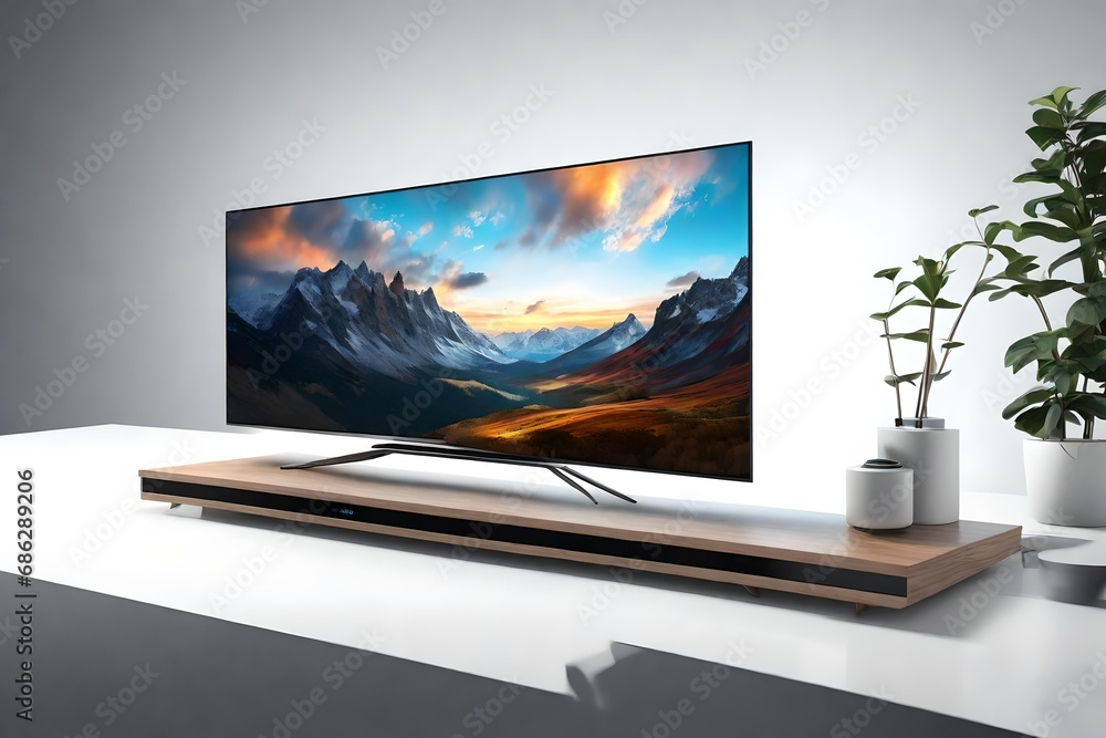 3D, 8K, side view, TV Sacreen, on the color table,white background ...