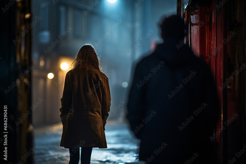 Man following woman in dark street at night. Concept for crime ...