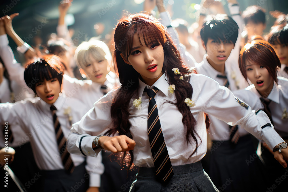 K-pop group of young Asian people dancing on stage at a concert Stock ...