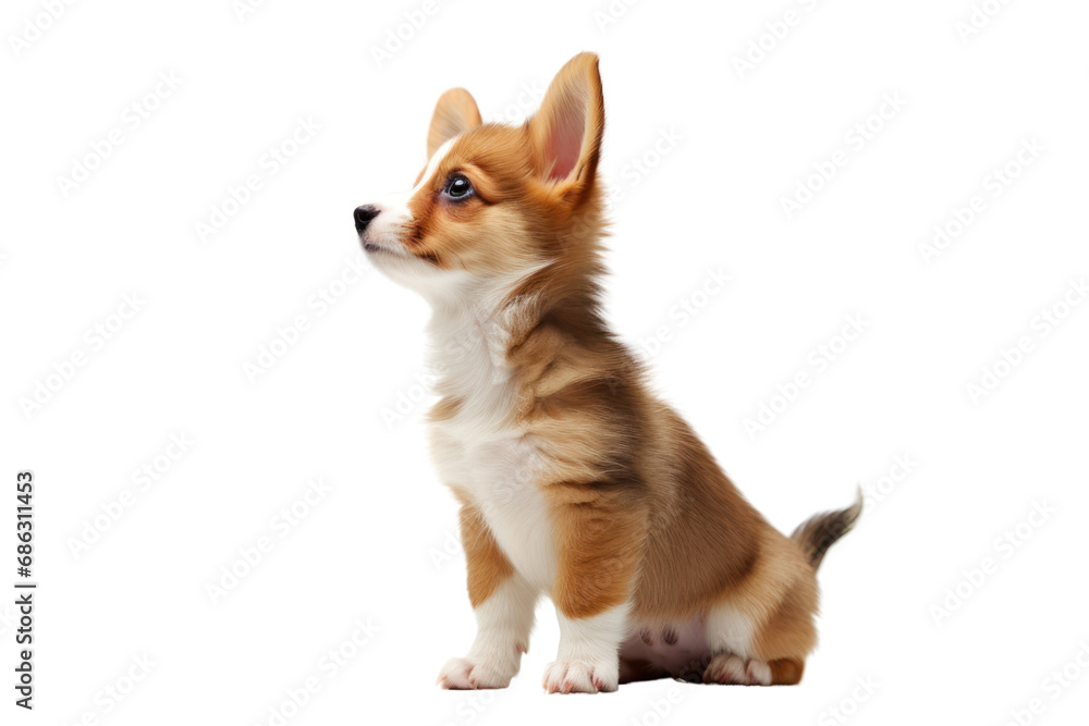 Pembroke Welsh Corgi puppy standing on its hind legs against a ...