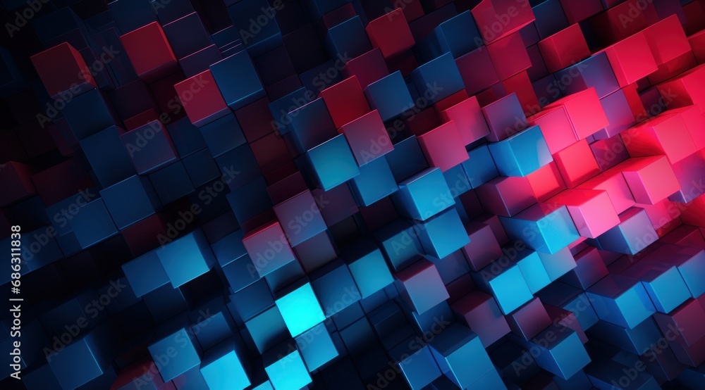 a red and blue background with squares of different sizes and shapes in ...