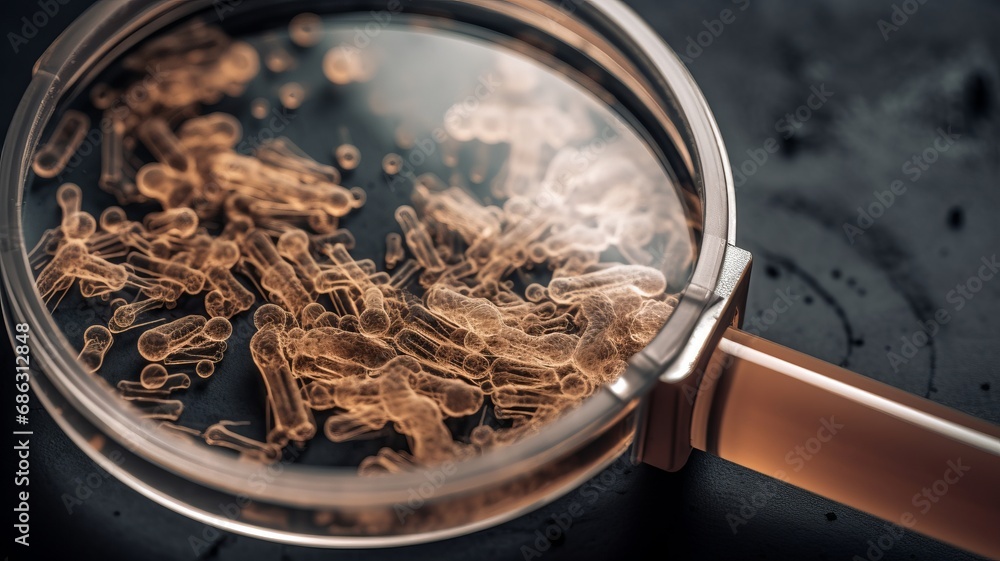 Bacteria under magnifying glass. Petri dishes with vibrant colorful ...