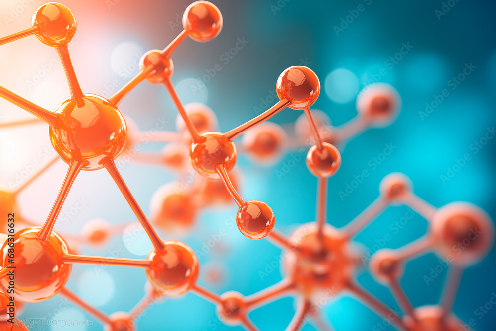 3D model of molecules with orange atomic bonds on a blue background ...