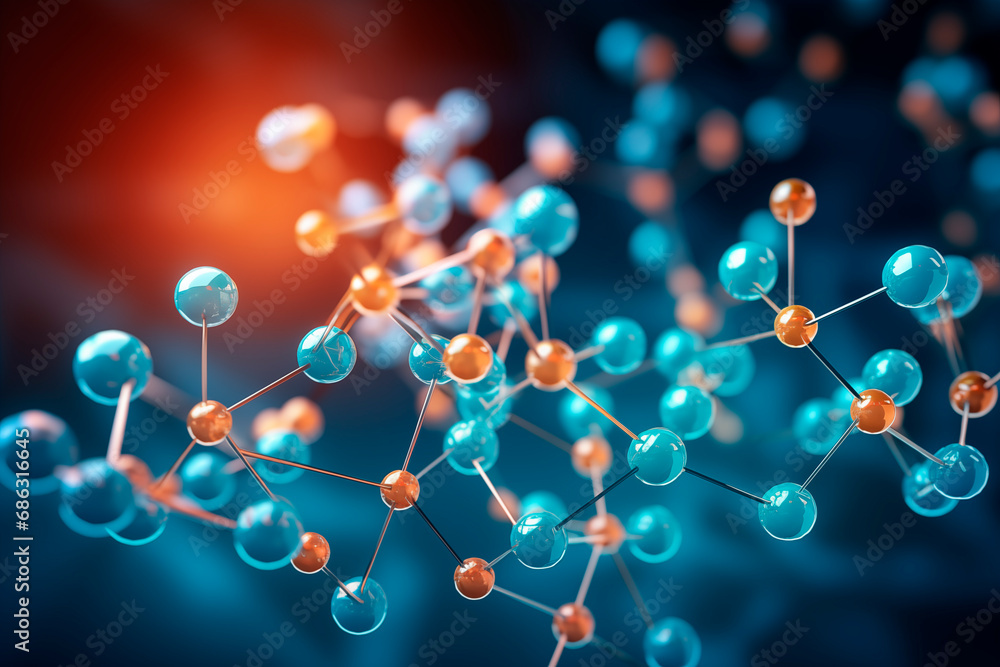 3D model of molecules with orange atomic bonds on a blue background ...
