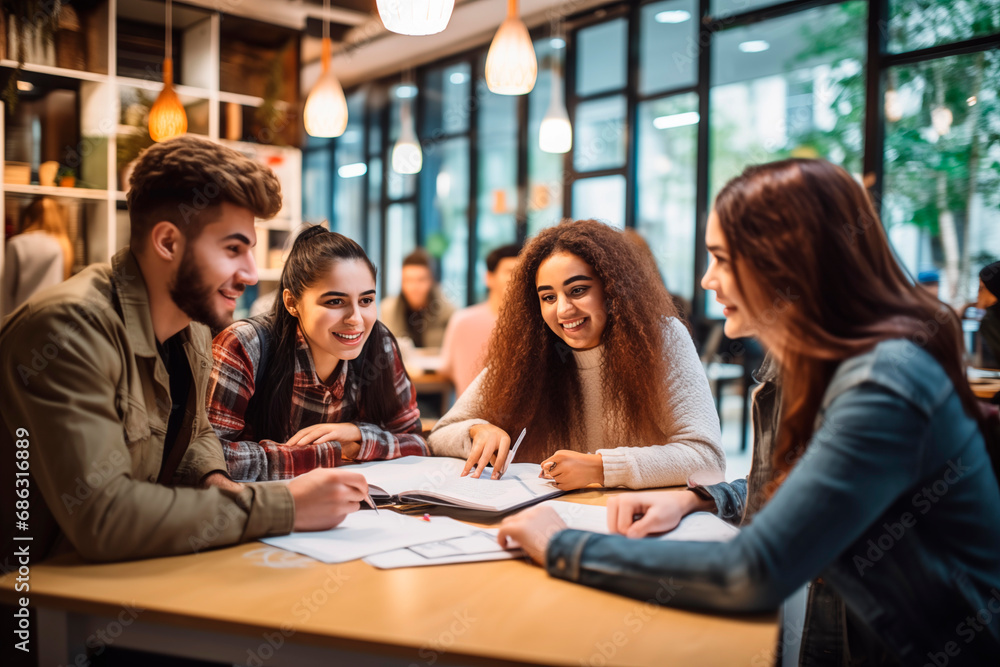 Smiling group of friends studying together outdoors, sharing a moment ...