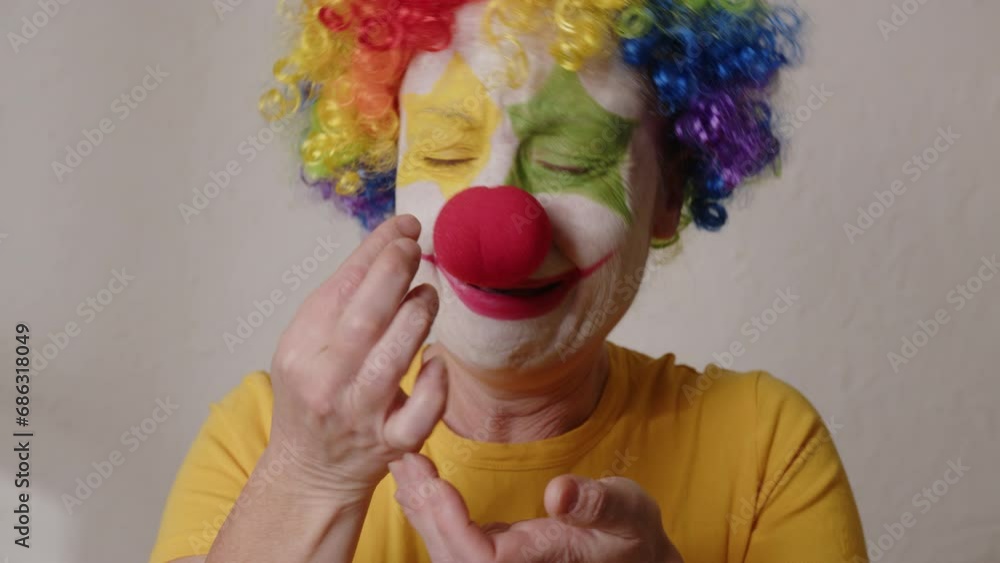 Sad clown is crying, collecting tears in palm of hand. vídeo do Stock ...