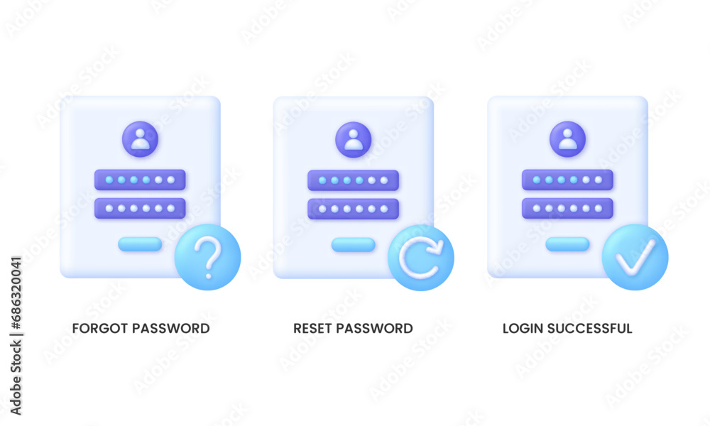 3D Set of password illustrations. Forgot, reset password and login successful. Cyber security to ...