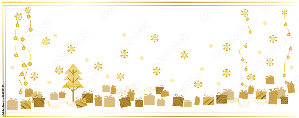 Horizontal Christmas frame with garlands, snowflakes and gifts in gold ...