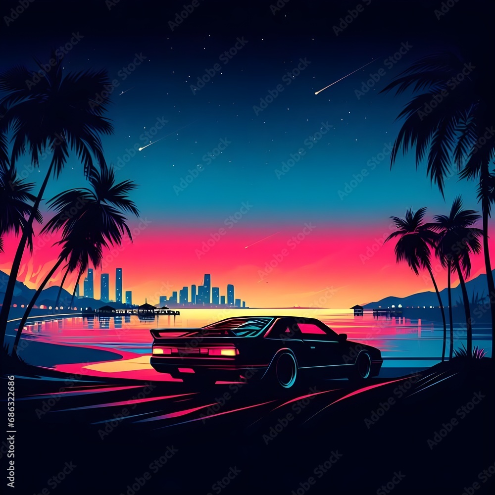beach at night. Night Beach Illustrations. Palmy Island. palm trees ...