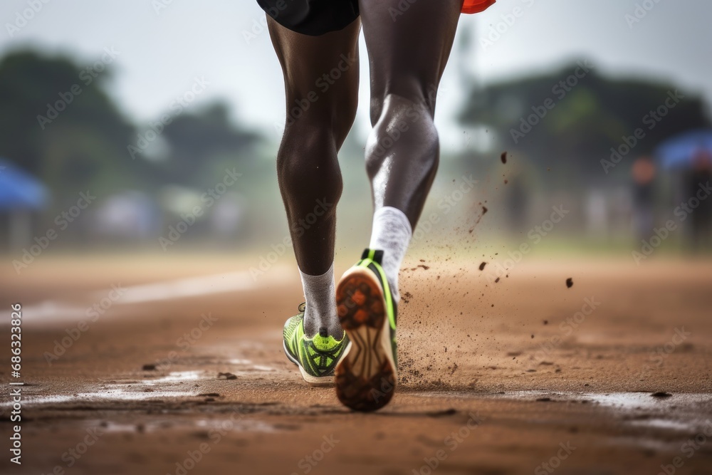 African-American sportsman in sneakers runs along dirt track at ...