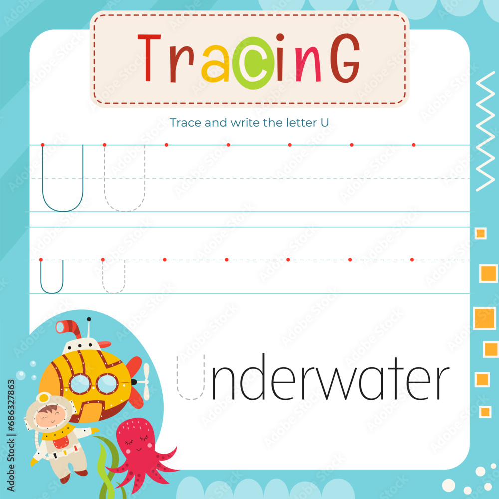 Letter Tracing Flash Card. Writing Letter U uppercase and lowercase ...