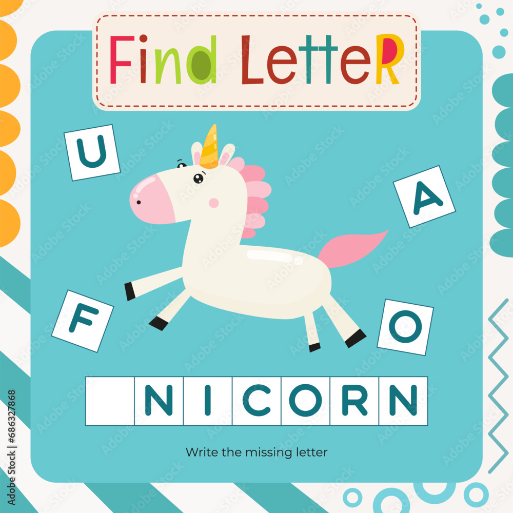 Word activities for Letter Tracing Book. Kids game Find letter – Write missing letter for U ...