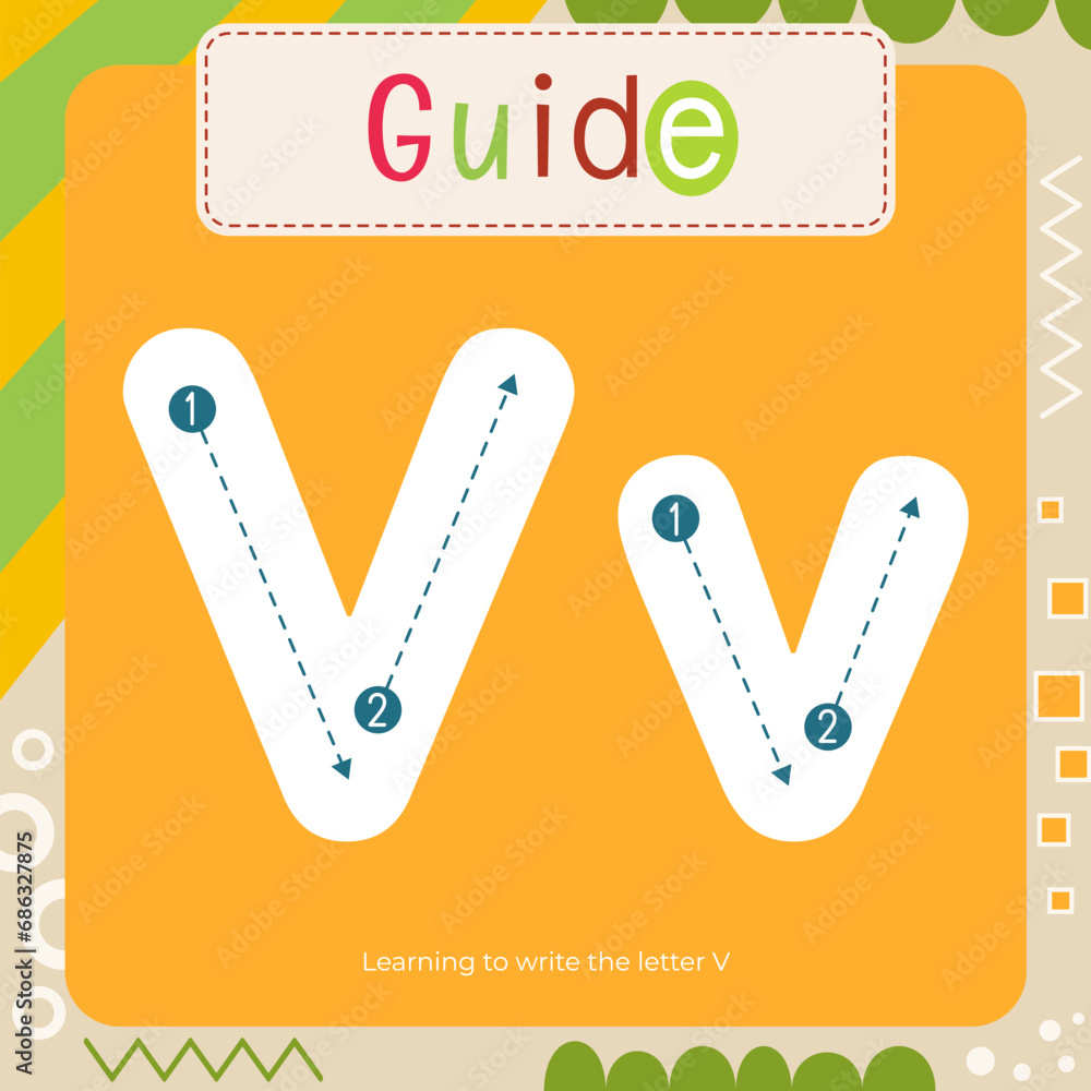 Letter Tracing Flash Card for kids. Guide – learning to write letter V ...
