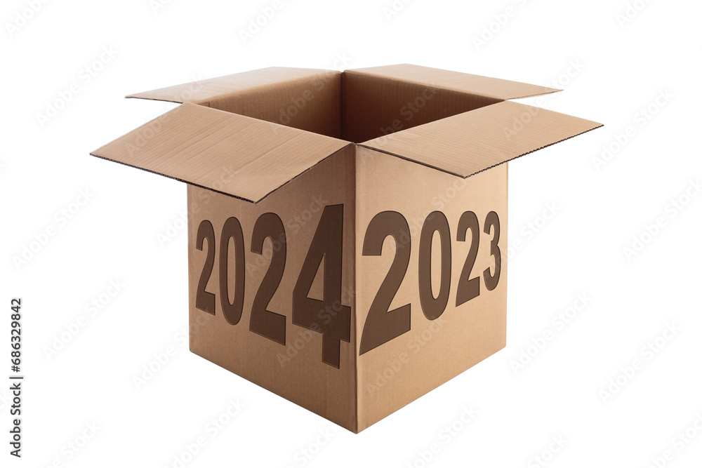 New year 2024 2023 text over open cardboard box isolated on white ...