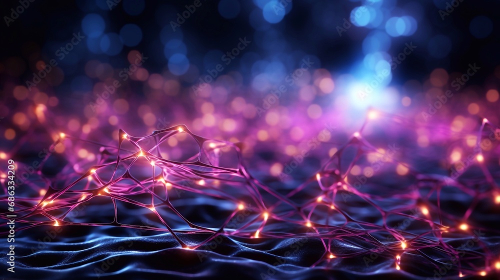 Neural patterns network artificial intelligence on neon glow light background. Digital interface ...