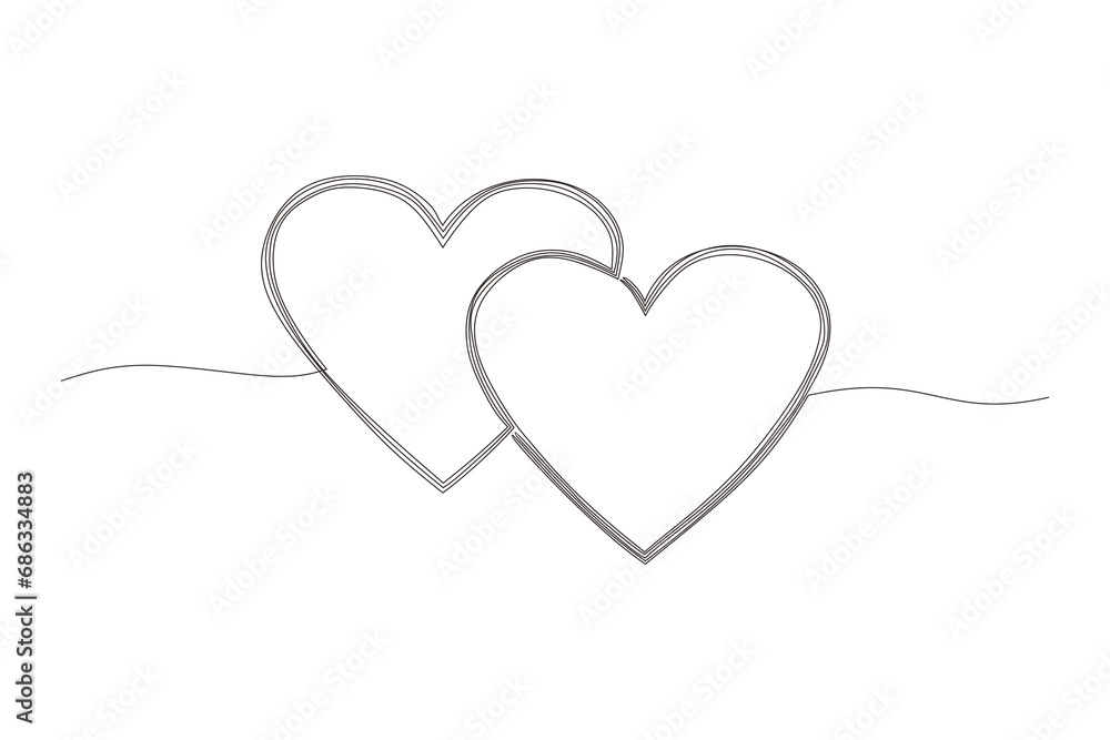 Two linked heart, continuous one line drawing. Double heart hand drawn ...