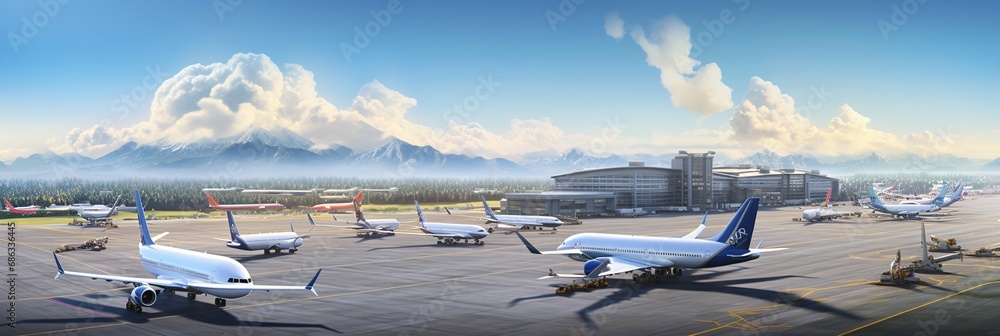 Expansive View of an Airport, Wide-Angle Perspective Showcasing Planes ...