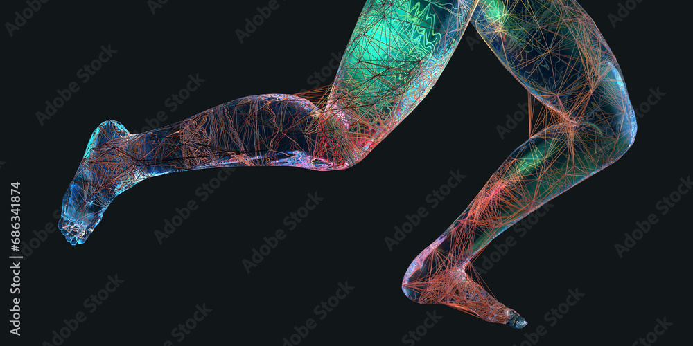 Transparent human body in motion with internal connections to ...