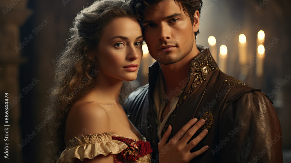 Couple dressed in medieval attire, posing in a castle or historical ...