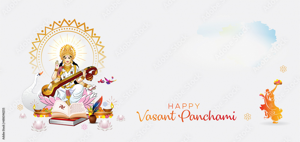 Happy Vasant Panchami festival. Indian hindu Goddess Saraswati worship ...