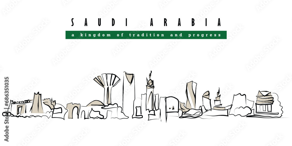 Hand drawn line art vector of skyline of saudi arabia. The saudi ...