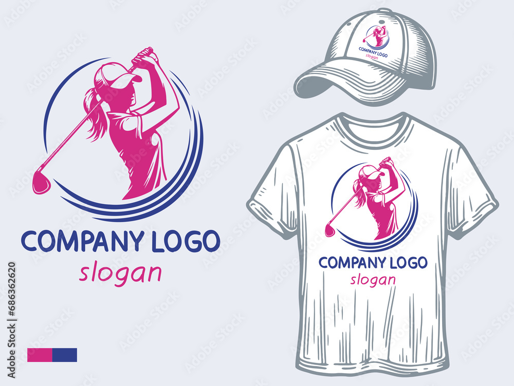 Symbol of a girl playing golf vector logo emblem for a cap and T-shirt ...