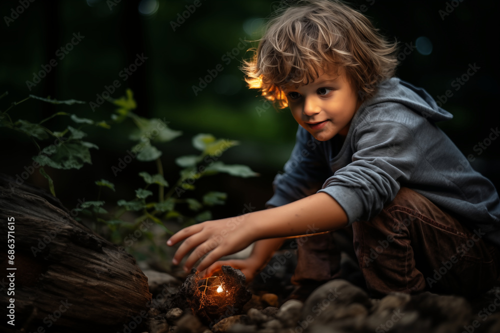 child in the woods, hunkered down, trying to grab something, smiling ...