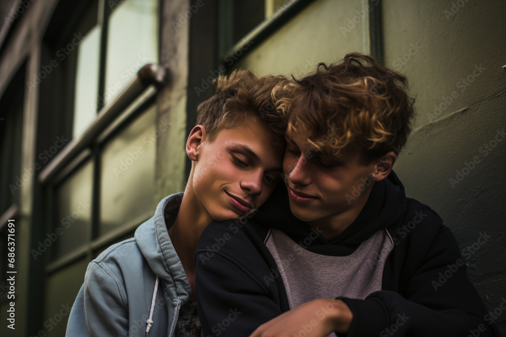 couple of young men, teenagers, guys, boys cuddling, hugging each other ...