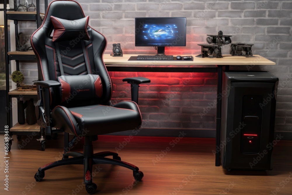 gaming chair and desk with computer on it. gaming room Stock Photo ...