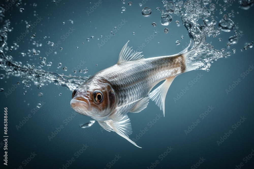 An image of a leaping fish with splashes of water on a see-through ...