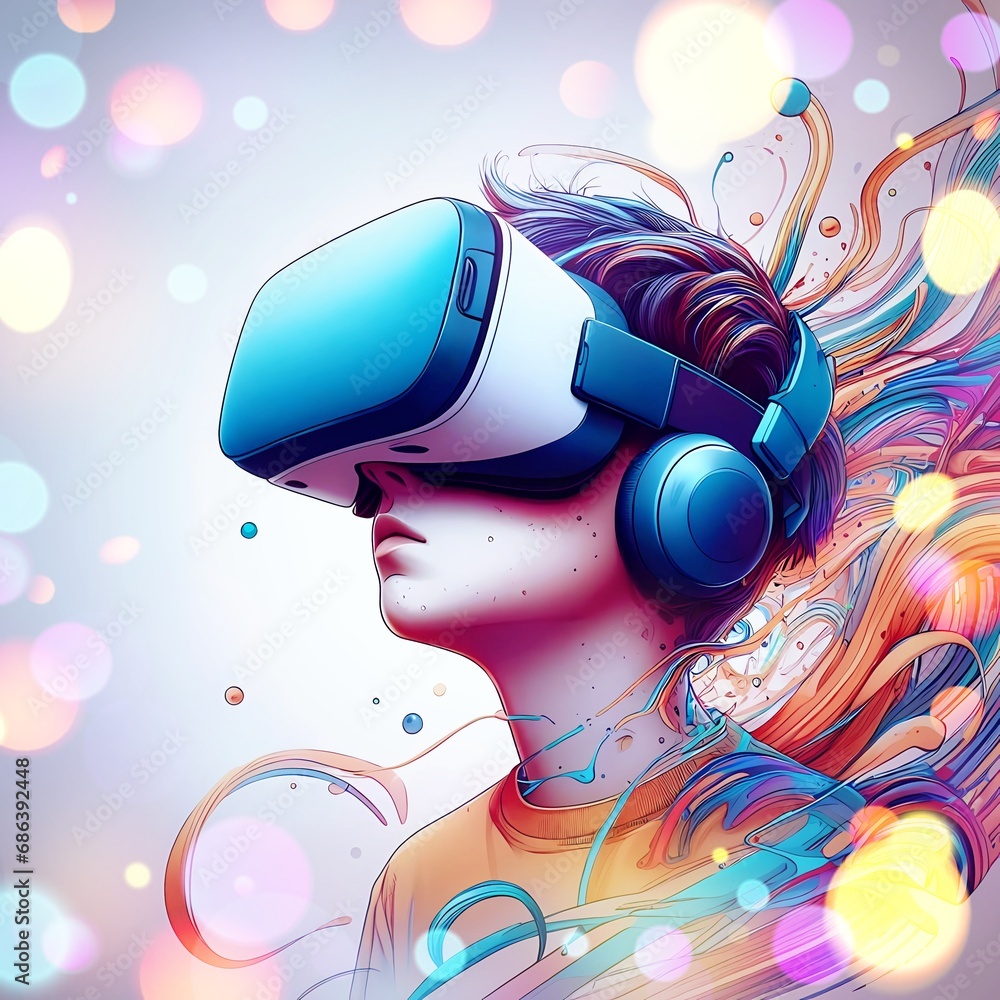 Boy VR Headset Virtual World virtual reality simulator. A boy in a ...