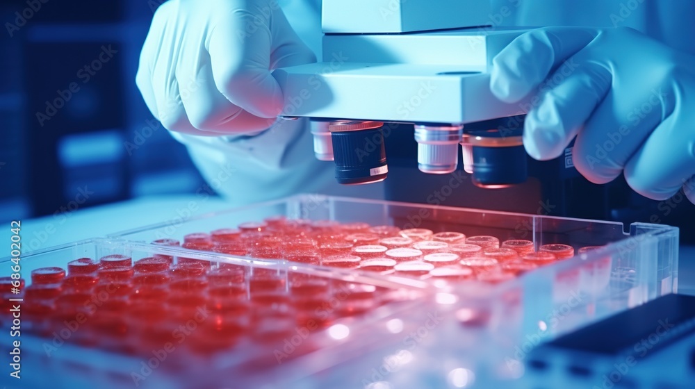 Doctor or lab technician dripping human red blood on slide glass for ...