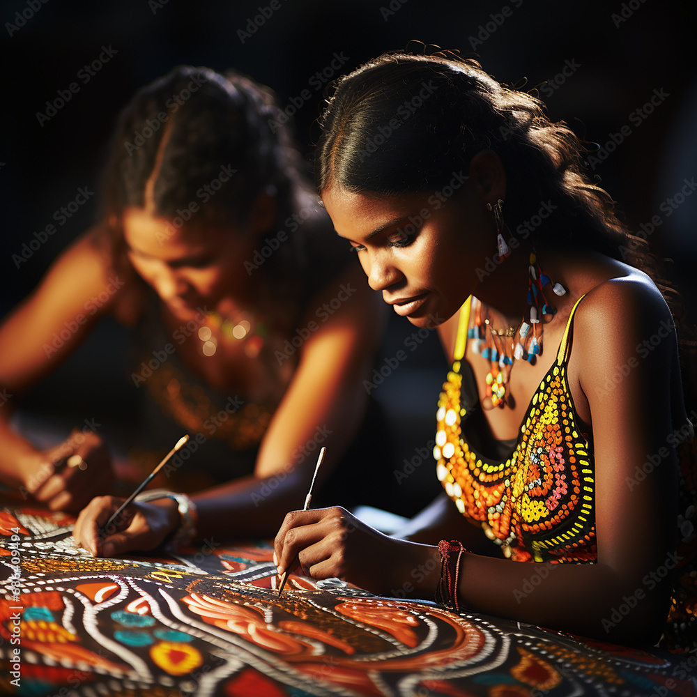 Young Australian aboriginal women learning the traditional art of dot ...