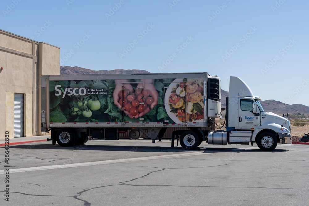 A Sysco truck in a parking lot is shown. Yermo, CA, United States, on ...