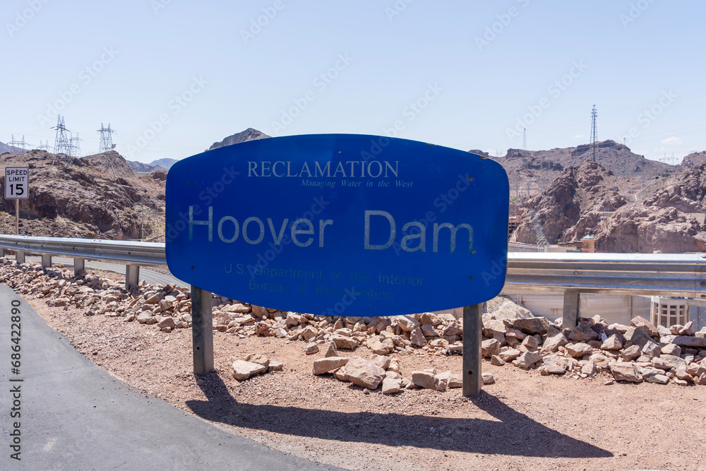 Hoover Dam sign is seen. Nevada, United States, USA - May 29, 2023 ...