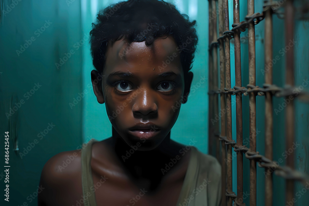 Little scared African boy in prison behind bars Stock Photo | Adobe Stock