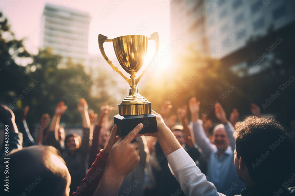 Happy worker team in office holding a golden trophy to celebrate ...