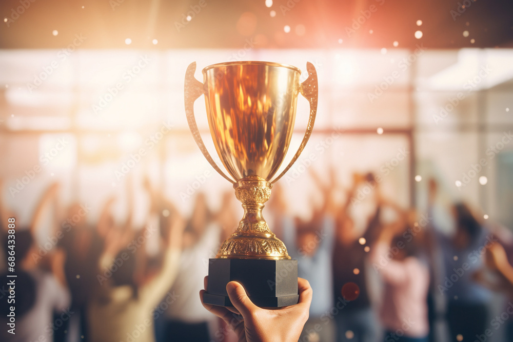 Happy worker team in office holding a golden trophy to celebrate ...