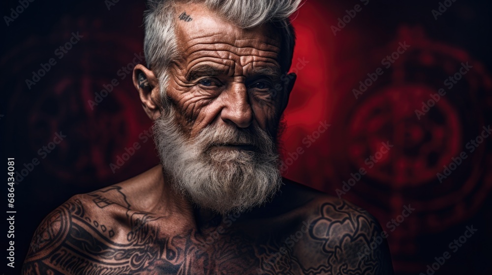 An old man with captivating face tattoos tells mythical stories in a ...