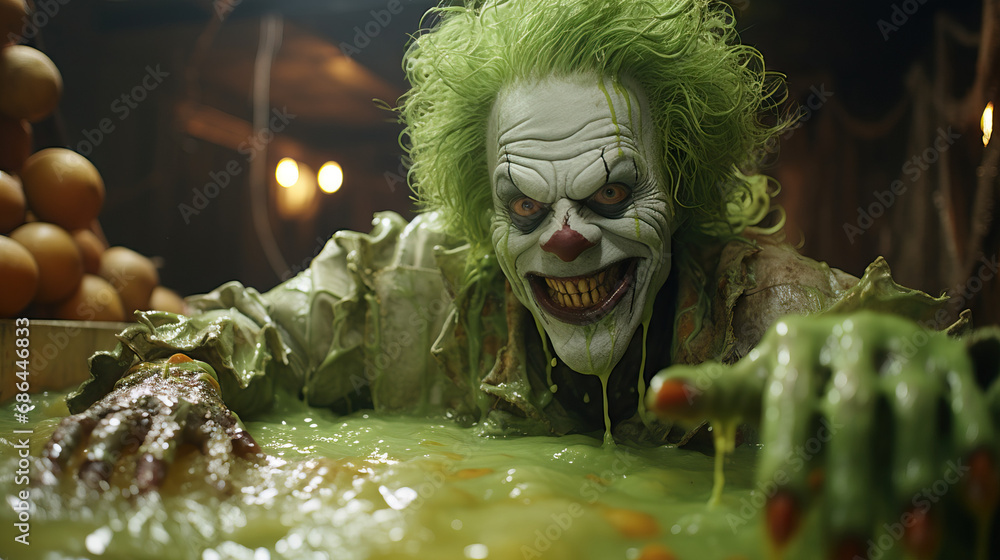 Evil clown in vat of green slime creepy and scary. Concept of ...