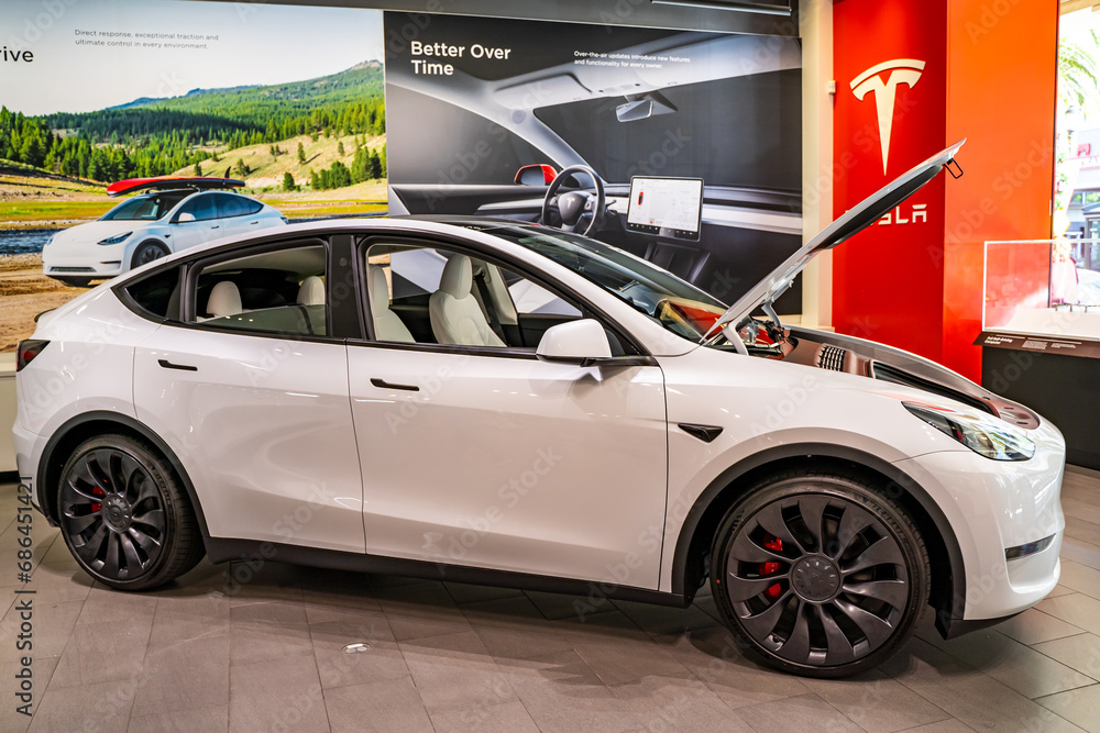 Tesla Model Y at the Tesla showroom at the Santana Row, San Jose. Stock ...
