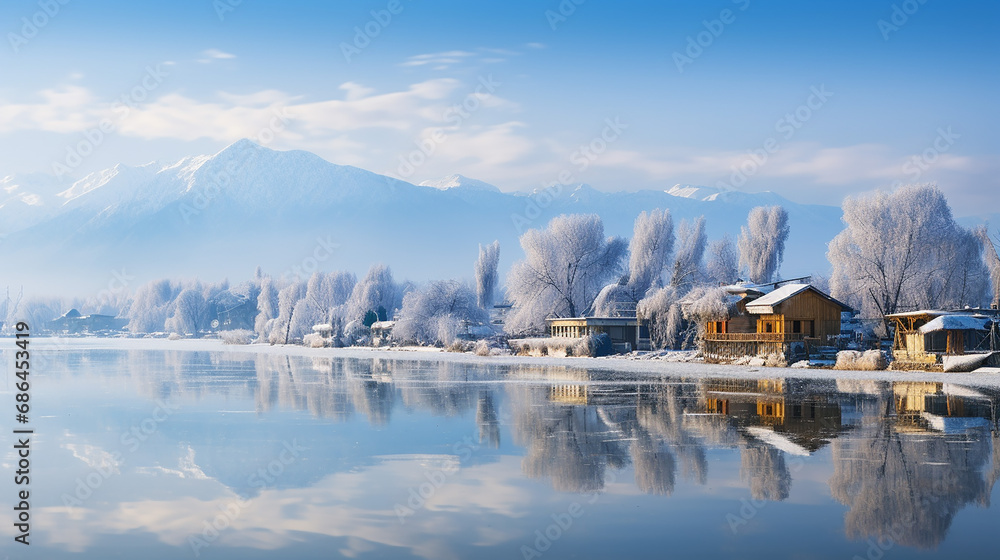 ภาพประกอบสต็อก a beautiful view of dal lake in winter srinagar Kashmir, India with reflection ...