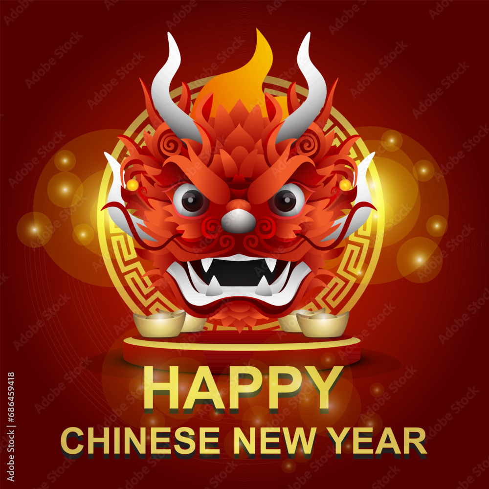 Happy Chinese New Year with a picture of a dragon's head on stage Stock ...