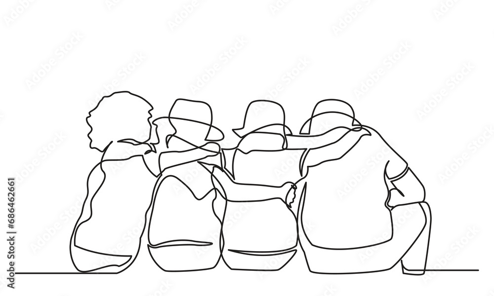 continuous line drawing a Group of teenagers hugging together to show ...