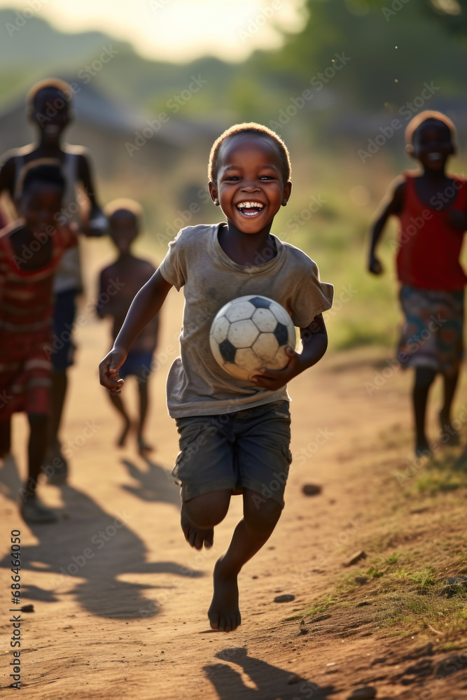 African children in poor slums Have fun tapping balls on the soccer ...